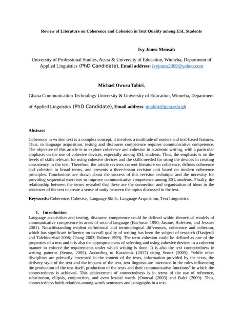 Pdf Review Of Literature On Coherence And Cohesion In Text Quality