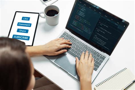 Hand Focus Of It Developer Woman Coding Laptop Create Social Media