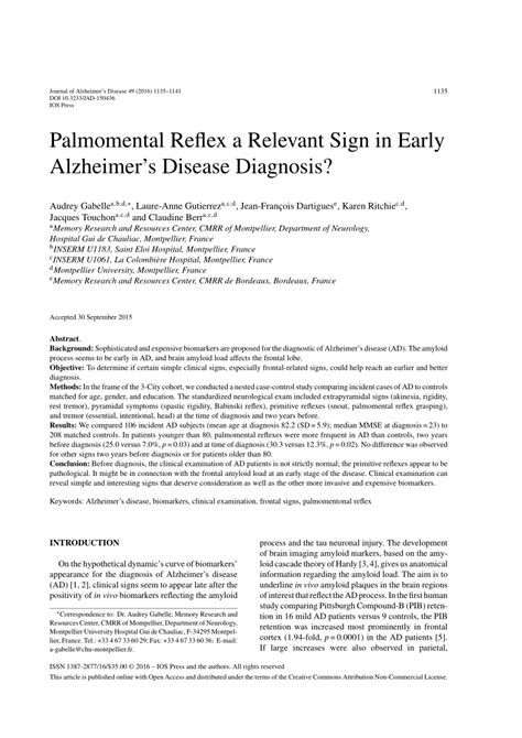 Pdf Palmomental Reflex A Relevant Sign In Early Alzheimers Disease