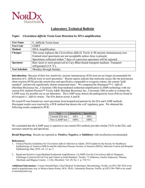 Clostridium Difficile Toxin Gene Detection By Dna Amplification