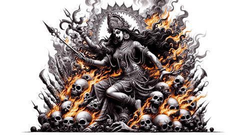 Goddess Kali Dynamic Pose Amidst Flames And Skulls Goddess Kali Lord