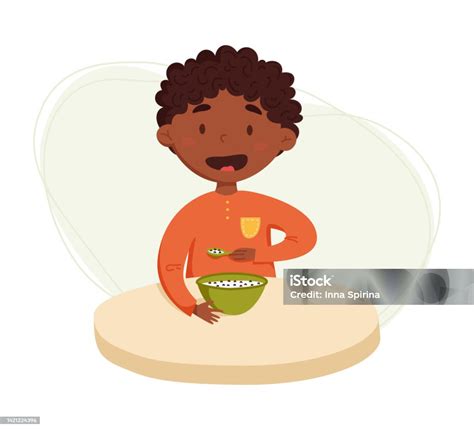 아침 식사 벡터 일러스트레이션을 갖는 귀여운 아프리카 흑인 소년 일상 일정 추상적 인 배경에 대한 삽화 가정 생활에 대한 스톡