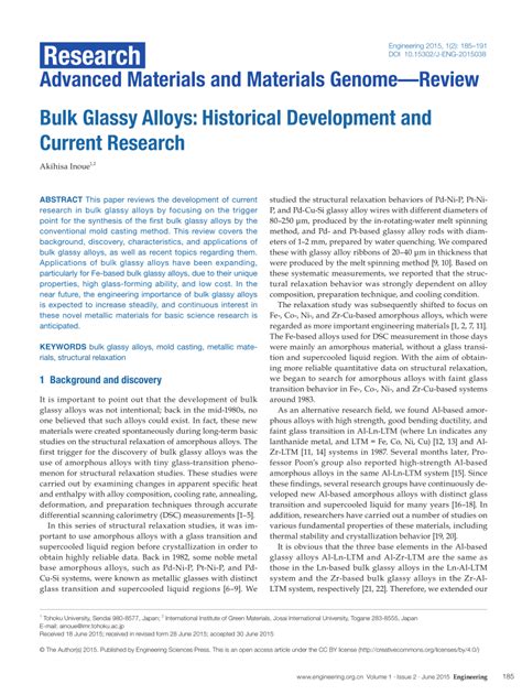 Pdf Bulk Glassy Alloys Historical Development And Current Research