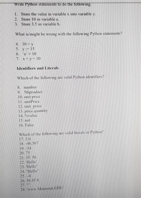 Solved Write Python Statements To Do The Following 1 Store