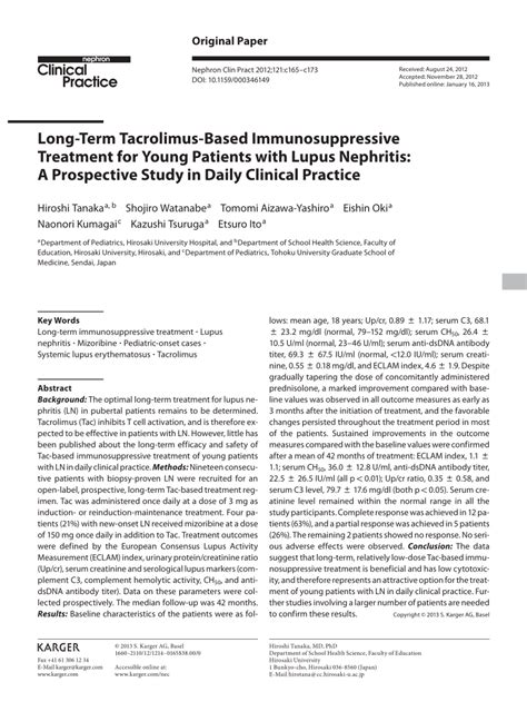 Pdf Long Term Tacrolimus Based Immunosuppressive Treatment For Young Patients With Lupus