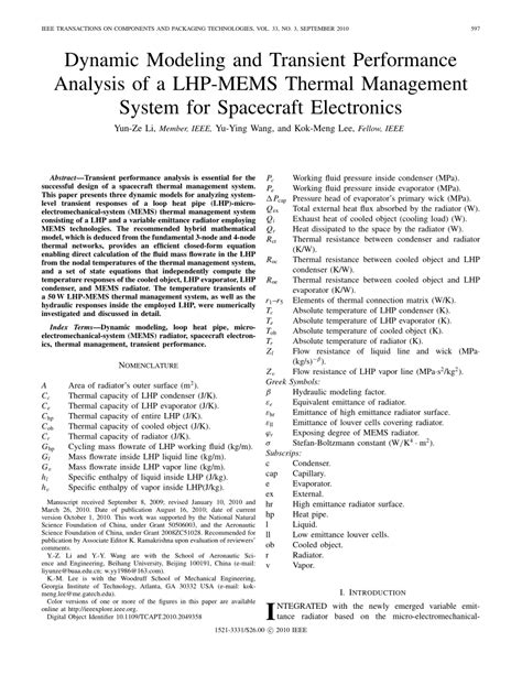 Pdf Dynamic Modeling And Transient Performance Analysis Of A Lhp Mems Thermal Management