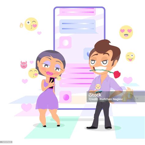 예쁜 여자는 스마트 폰과 잘 생긴 남자와 채팅입니다 데이트 및 가상 관계 개념 배경에 거품과 이모티콘채팅 벡터 그림입니다 Brand Name Online Messaging