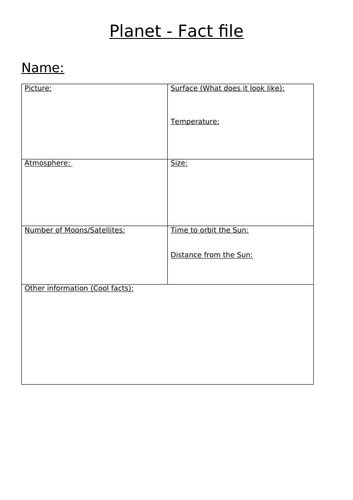 Planet Fact File Template Teaching Resources