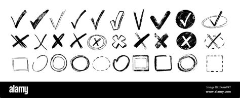 Doodle Chalk Check Mark Set Black Charcoal Pencil Check Boxes Sketch Checklist Icons Tick