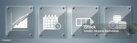 달러 기호 배터리 충전 수준 표시기 재무 달력 및 파이 차트 인포그래픽으로 동전 돈을 설정합니다 정사각형 유리 패널 벡터 0명에