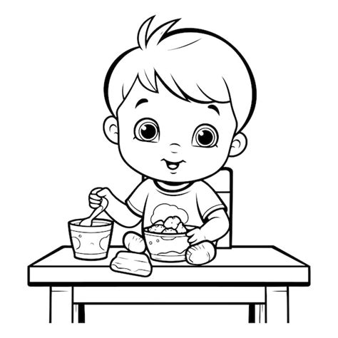 Un Niño Lindo Comiendo Cereales Para El Libro De Colorear Vector Premium