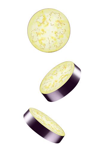 플라잉 가지 또는 가지 조각은 흰색 배경에 분리되어 있습니다 가지 야채의 떨어지는 조각입니다 광고 포장 배너 포스터 인쇄에 사용할 수 있습니다 사실적인 3d 벡터 쥬끼니에