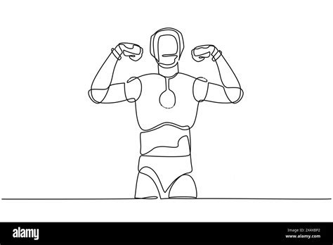single continuous line drawing robot standing with gestures two hand