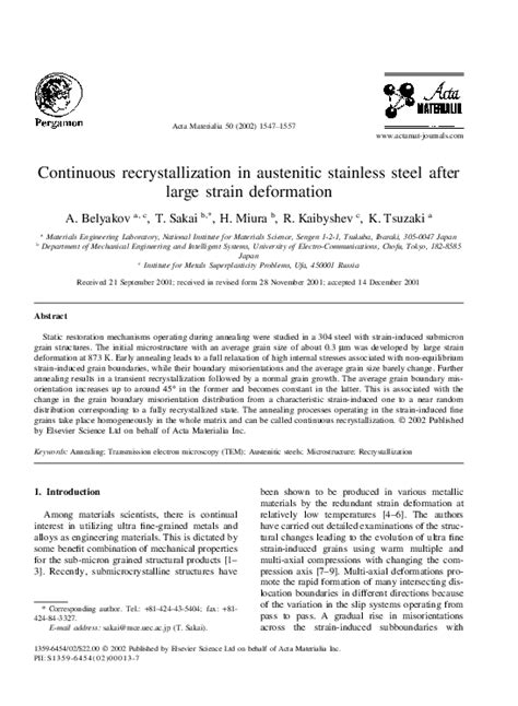 Pdf Continuous Recrystallization In Austenitic Stainless Steel After