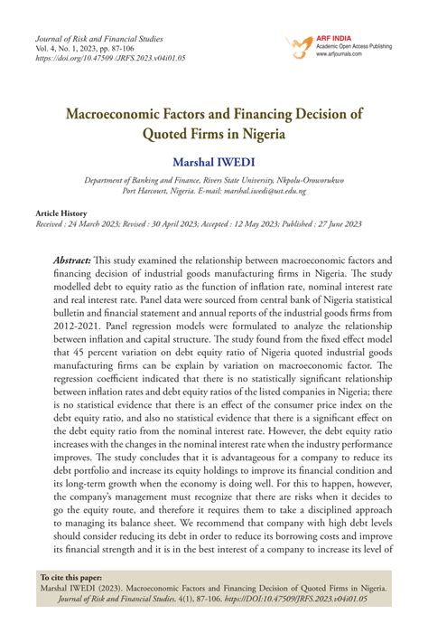 Pdf Macroeconomic Factors And Financing Decision Of Quoted Firms In