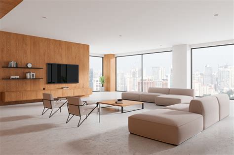 대형 창문과 도시 전망을 갖춘 현대적인 거실 인테리어 디자인 3d 렌더링 0명에 대한 스톡 사진 및 기타 이미지 0명 3차원 형태 가구 Istock