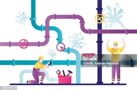 수도관이 파열되고 파이프 라인에서 물 분사가 터집니다 배관공이 문제를 해결합니다 새는 깨진 하수구를 수리하는 수리공 그룹 배관공 수리 손상된 플라스틱 파이프 라인 관 튜브에