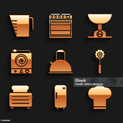 손잡이가 있는 주전자 냉장고 셰프 모자 피자 나이프 토스터 토스트 전기 스토브 전자 저울 및 계량컵 아이콘을 설정합니다 벡터 가열장치에 대한 스톡 벡터 아트 및 기타 이미지