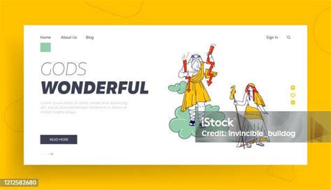 그리스어 또는 로마 신화 방문 페이지 템플릿 올림푸스 산에 그리스 신 제우스 목성 또는 조브와 그의 아내 헤라 또는 주노 판타지 캐릭터 그리스 신 선형 사람 벡터