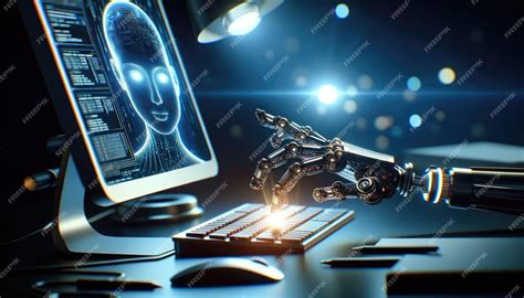 Premium Photo Robotic Hand Typing On Keyboard With Screen