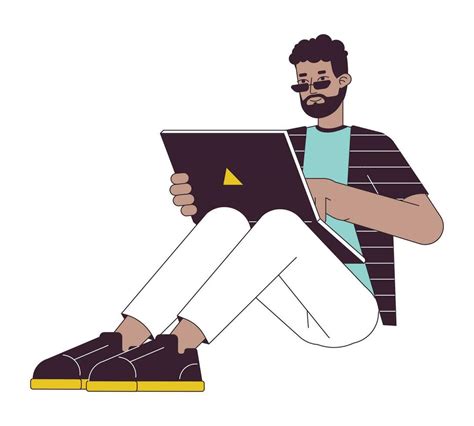 Happy Young Man Sitting With Laptop Flat Line Color Vector Character Editable Outline Full Body