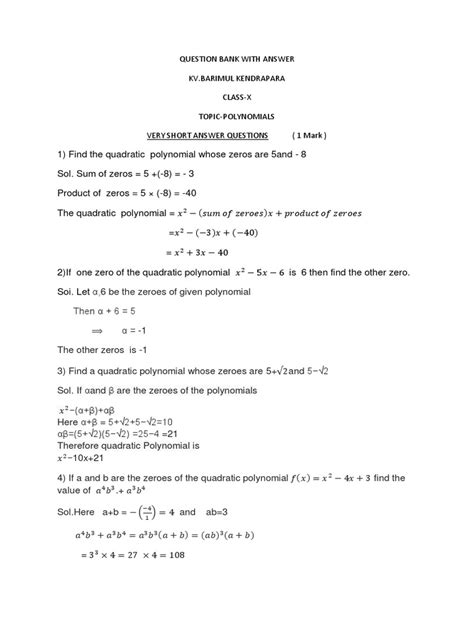 question bank with answer pdf pdf zero of a function polynomial