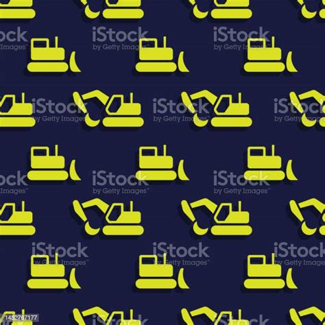 작은 노란색 불도저와 굴삭기는 진한 파란색 배경에 격리되어 있습니다 건설 기계 측면도 매끄러운 패턴이 사랑 스럽다 벡터 간단한