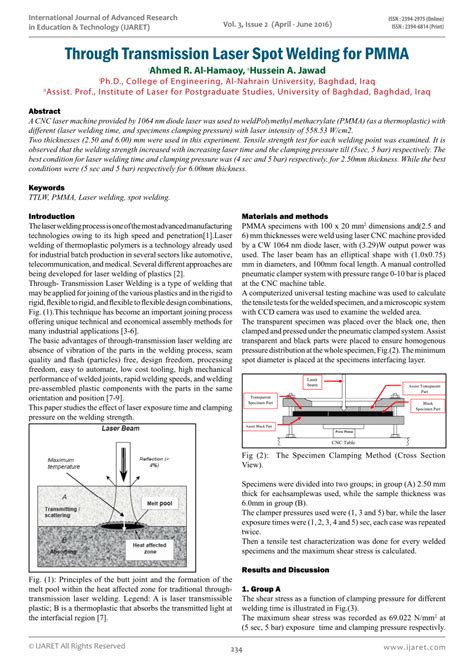 Pdf Through Transmission Laser Spot Welding For Pmma