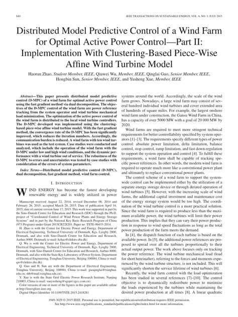Pdf Distributed Model Predictive Control Of A Wind Farm For Optimal