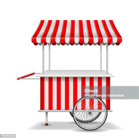 바퀴와 실제 거리 음식 카트입니다 모바일 빨간색 시장 축 사 서식 파일입니다 농부 쇼핑 시장 카트 키오스크 매장 이랑입니다 벡터 일러스트 레이 션 카트에 대한 스톡 벡터