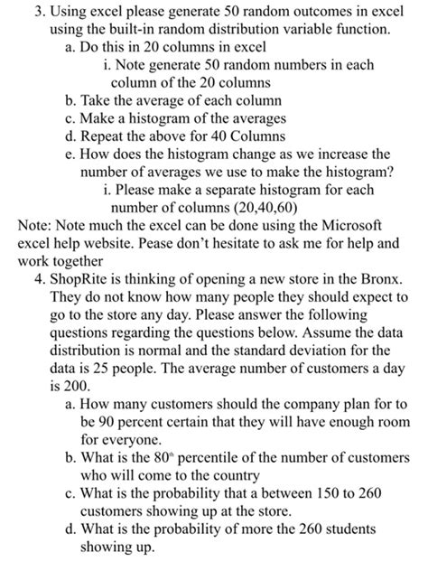 Solved 3 Using Excel Please Generate 50 Random Outcomes In