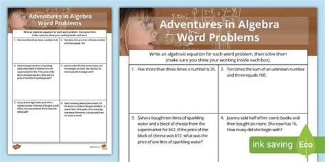Adventures In Algebra Word Problems Practice Year 7 8