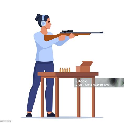 실내 사격장에서 사격 기술을 연습하는 집중된 여성 귀 보호구를 착용한 여성 캐릭터가 자신 있게 서서 소총을 조준하고 있습니다