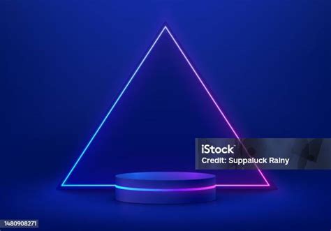 현실적인 진한 파란색 실린더 연단이 있는 3d 미래 배경 삼각형 모양의 벽 장면에 네온 라인 최소한의 모형 제품 디스플레이 쇼케이스를 위한 추상 기하학적 무대 3d 벡터