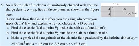 Solved Text In The Xy Plane 5 An Infinite Slab Of Thickness 2a Uniformly Charged With Volume