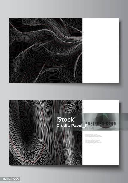 두 개의 창조적 인 명함 디자인 템플릿의 편집 가능한 레이아웃의 최소 추상 벡터 그림 3d 그리드 표면 파급 효과가있는 물결 모양의 벡터 배경 그래프에 대한 스톡 벡터 아트