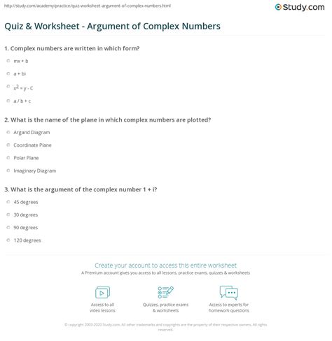 Quiz And Worksheet Argument Of Complex Numbers