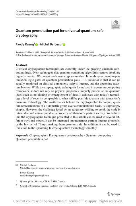 Quantum Permutation Pad For Universal Quantum Safe Cryptography Request PDF