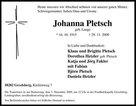 Traueranzeigen Von Johanna Pletsch Trauer In Nrwde