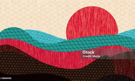 구불구불한 언덕과 오렌지 태양의 추상적인 일출 풍경과 Seigaiha 패턴의 생생한 색상 일출에 대한 스톡 벡터 아트 및 기타 이미지 일출 풍경 밝은 색상 Istock
