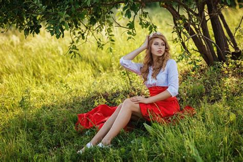 Woman Wearing Skirt Sitting Under The Tree Stock Image Image Of Dress Natural 42728645