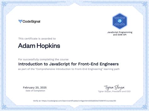 Course Certificate For Introduction To Javascript For Front End Engineers Adam Hopkins
