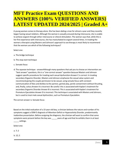 MFT Practice Exam QUESTIONS AND ANSWERS VERIFIED ANSWERS LATEST UPDATED