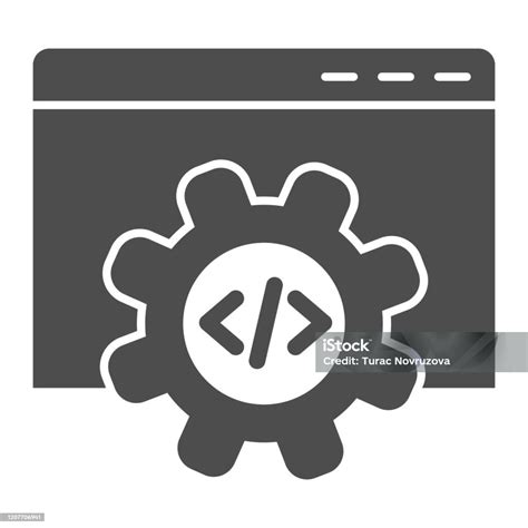 컴퓨터 데이터 설정 솔리드 아이콘입니다 브라우저 창 내부의 기계 식 기어 인터넷 기술 벡터 디자인 개념 흰색 배경에 글리프 스타일 픽토그램 웹 및 응용 프로그램에 대한 사용