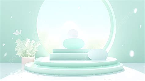 화장품 프레젠테이션을 위한 녹색 연단 스탠드와 플랫폼이 있는 미니멀한 파스텔 그린 3d 렌더링 배경 3d 장면 최소한의 장면