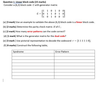 Solved Question Linear Block Code Marks Consider A Chegg