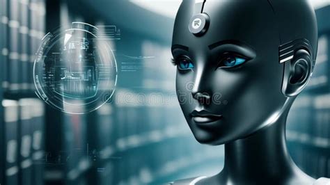 Artificial Intelligence Modern Cybernetic Robot Woman Cyborg Working Online At The Station