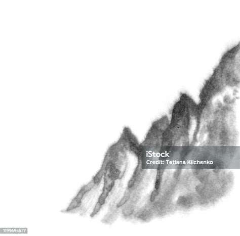 흰색 배경에 산 꼭대기입니다 안개 속에서 산봉우리 잉크로 물의 산의 풍경입니다 동양 중국 수묵화 브러시 페인팅 그림 그리기에 대한 스톡 벡터 아트 및 기타 이미지 Istock