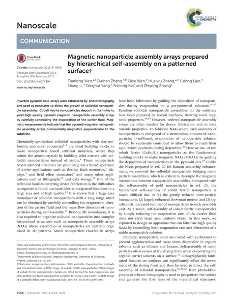 Pdf Magnetic Nanoparticle Assembly Arrays Prepared By Hierarchical Self Assembly On Patterned