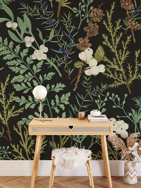 Vintage Dark Fern Botanical Wallpaper Removable Wallpaper Peel And